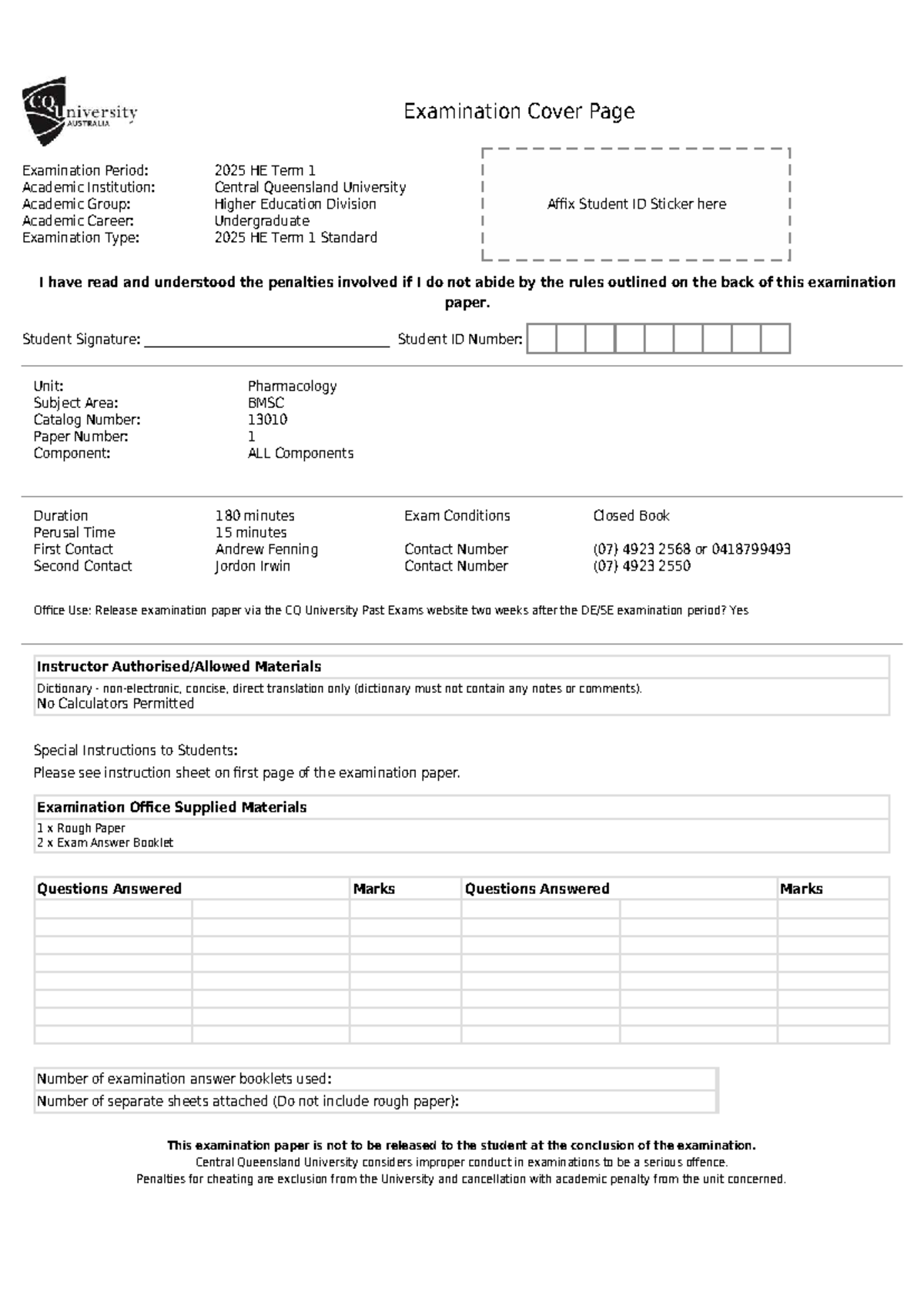 BMSC13010 2025 Term 1 Pharmacology Standard Exam Cover Page - Studocu