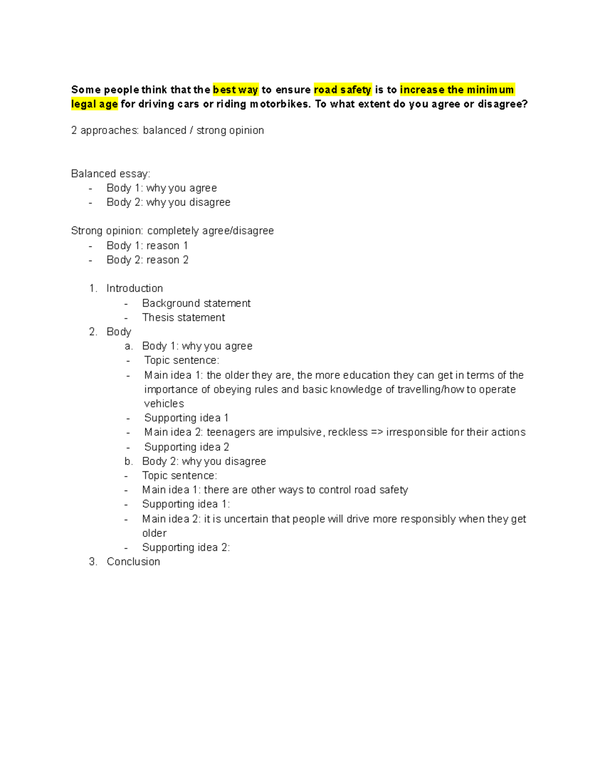 Homework - Opinion Essay on Road Safety and Legal Driving Age - Studocu