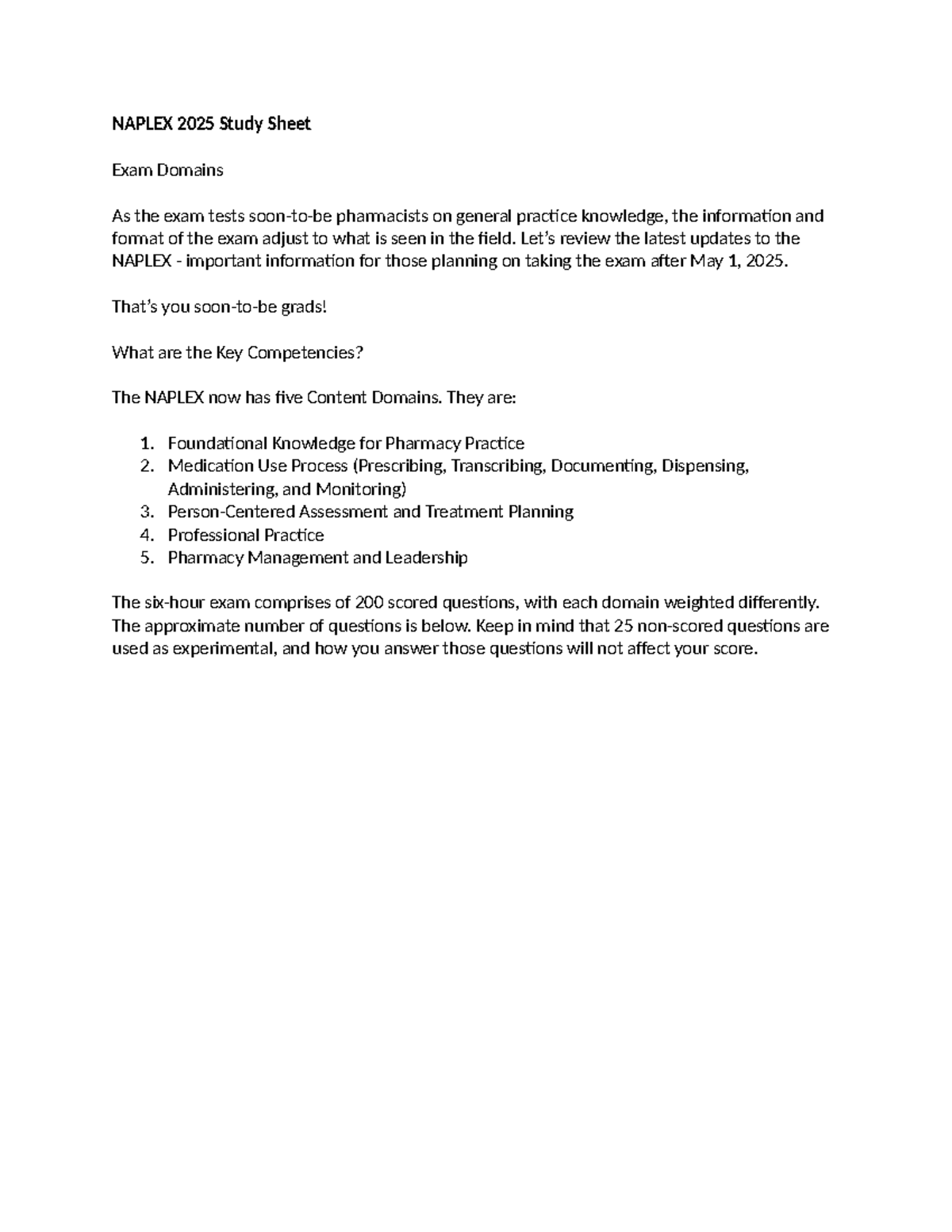 NAPLEX 2025 Study Sheet: Key Exam Domains and Competencies - Studocu