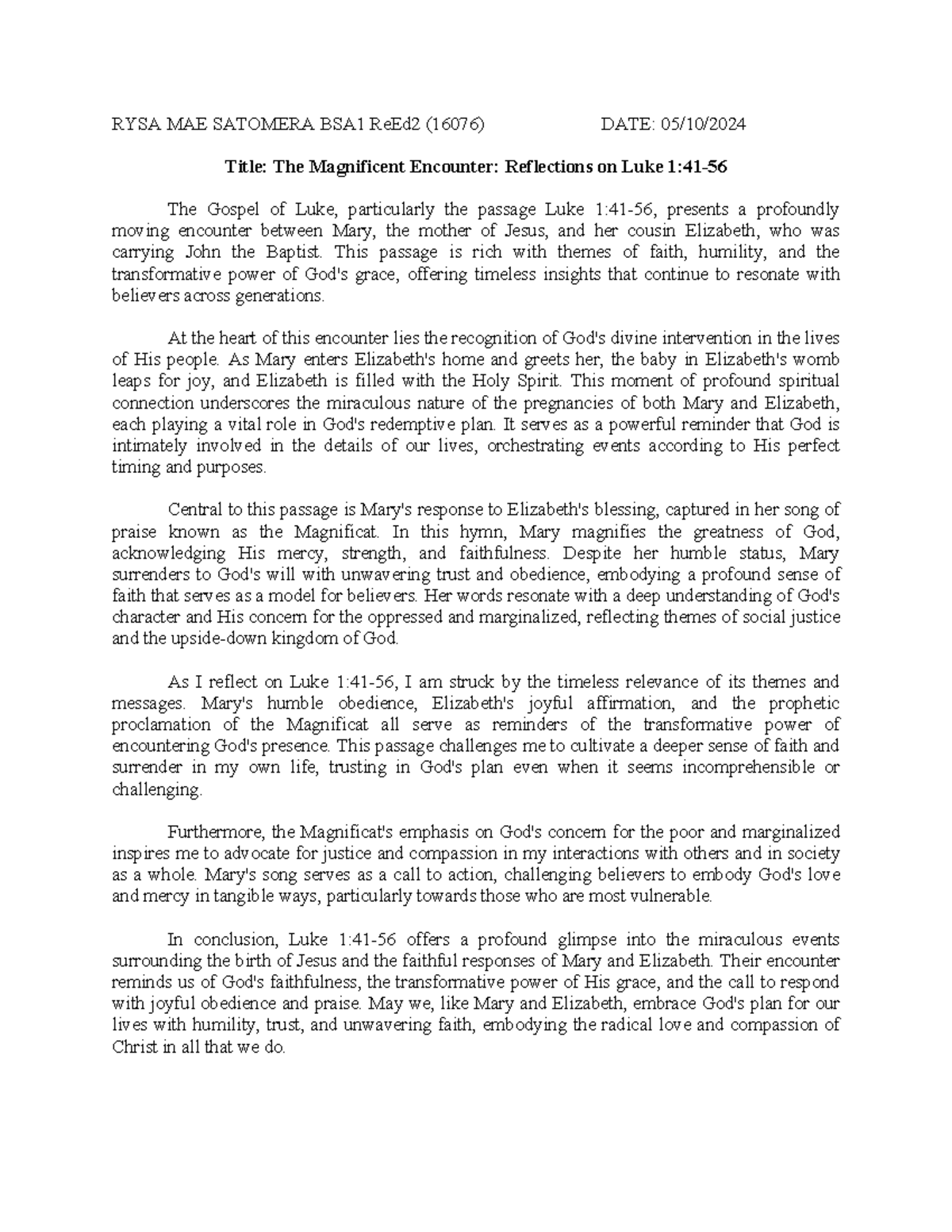 Reflections on Luke: The Magnificat Encounter (RYSA MAE BSA1 ReEd2) - Studocu