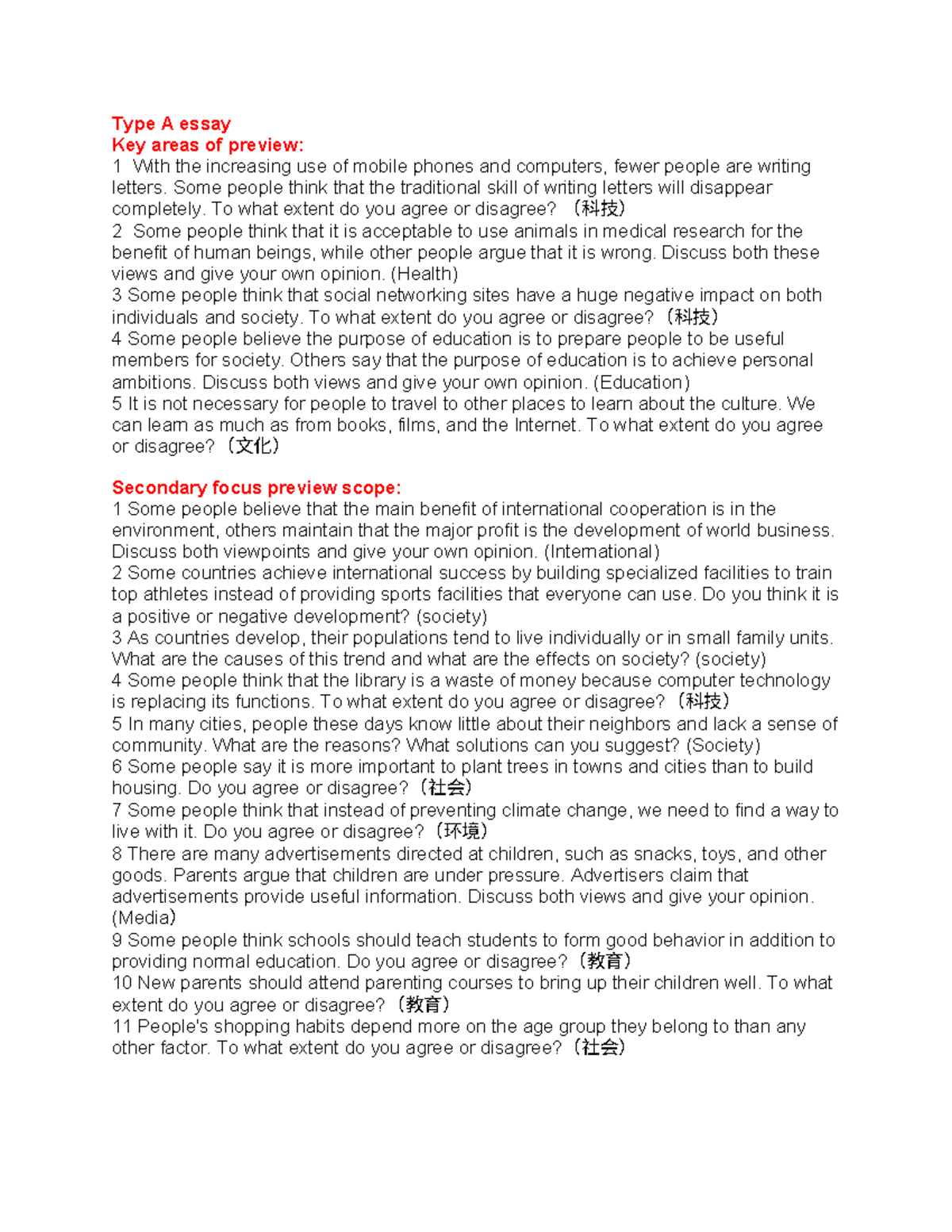 IELTS Bro Writing Topics: Key Areas & Secondary Focus (Essay) - Studocu
