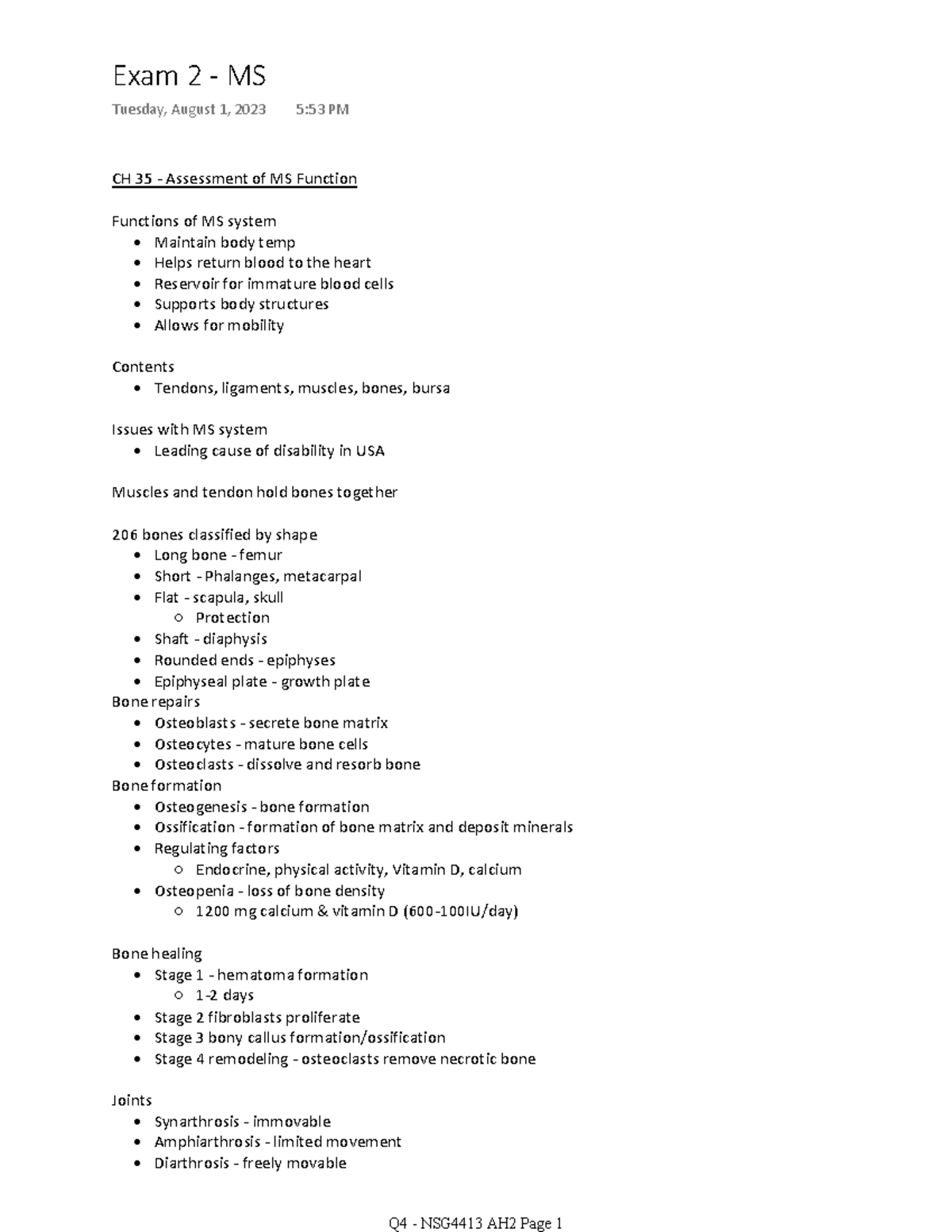 MS Notes - Adult Health 2 - CH 35 - Assessment of MS Function Functions ...