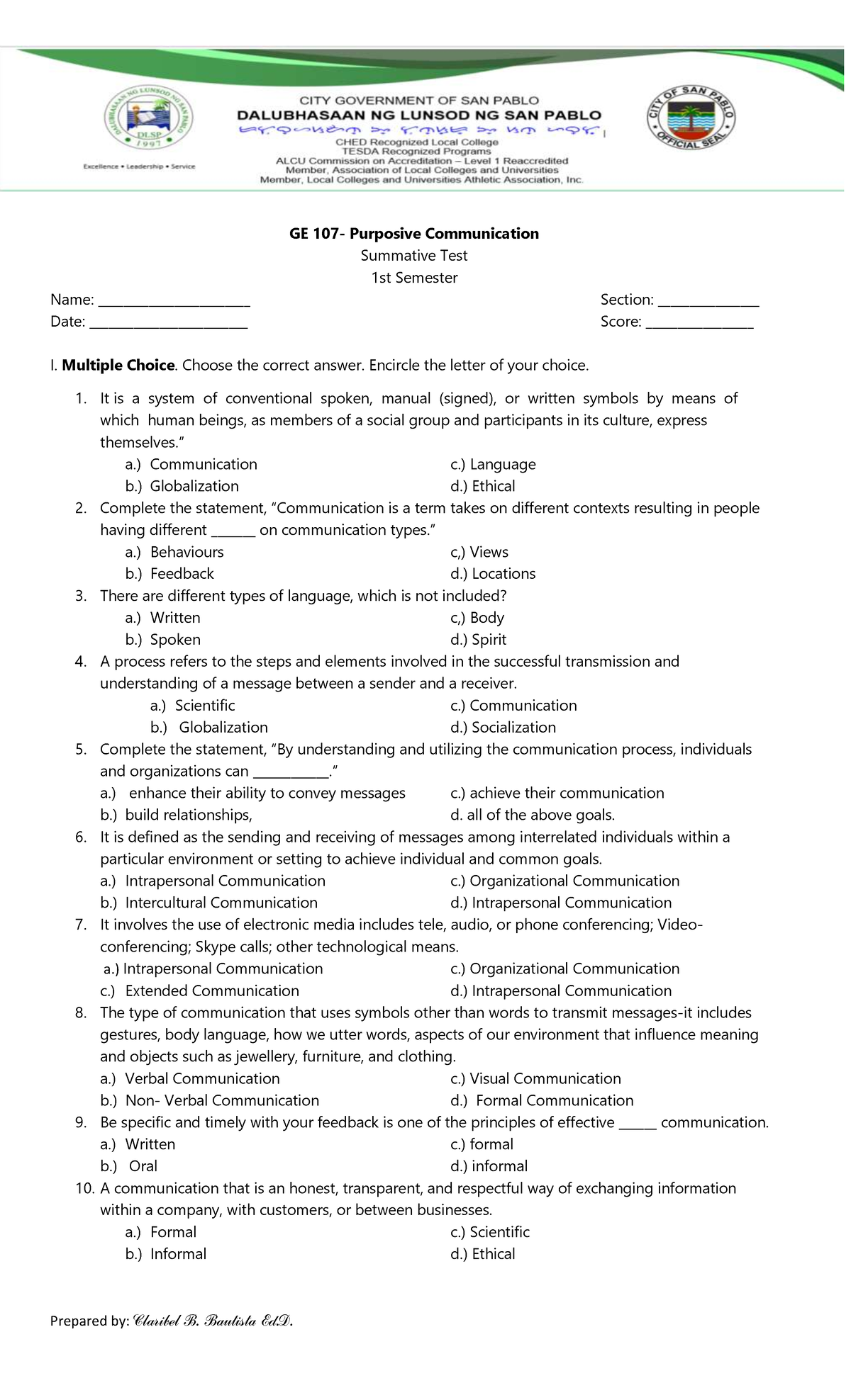 GE 107 Summative Midterm Exam: Purposive Communication Questions - Studocu