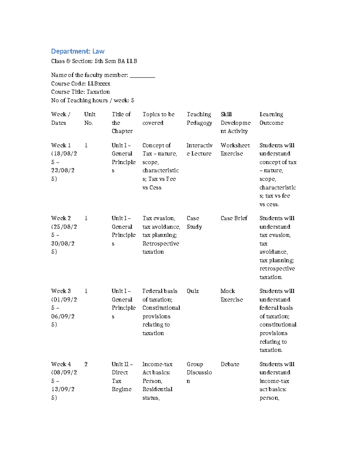 Taxation Course Plan: Key Concepts for 5th Sem BA LLB - Studocu