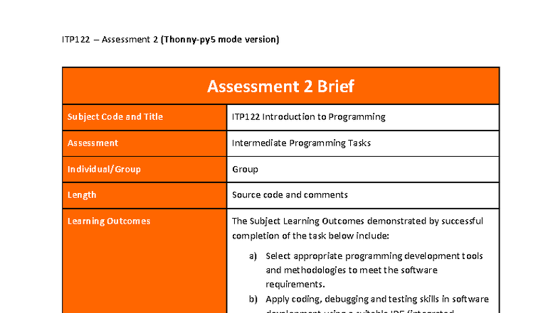 ITP122 - Assessment 2 Brief: Intermediate Python Programming Tasks - Studocu