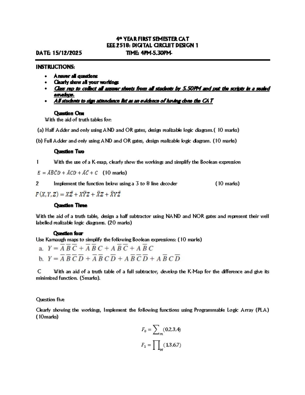 CAT 1 EEE2518: Digital Circuit Design Exam Questions and Solutions ...