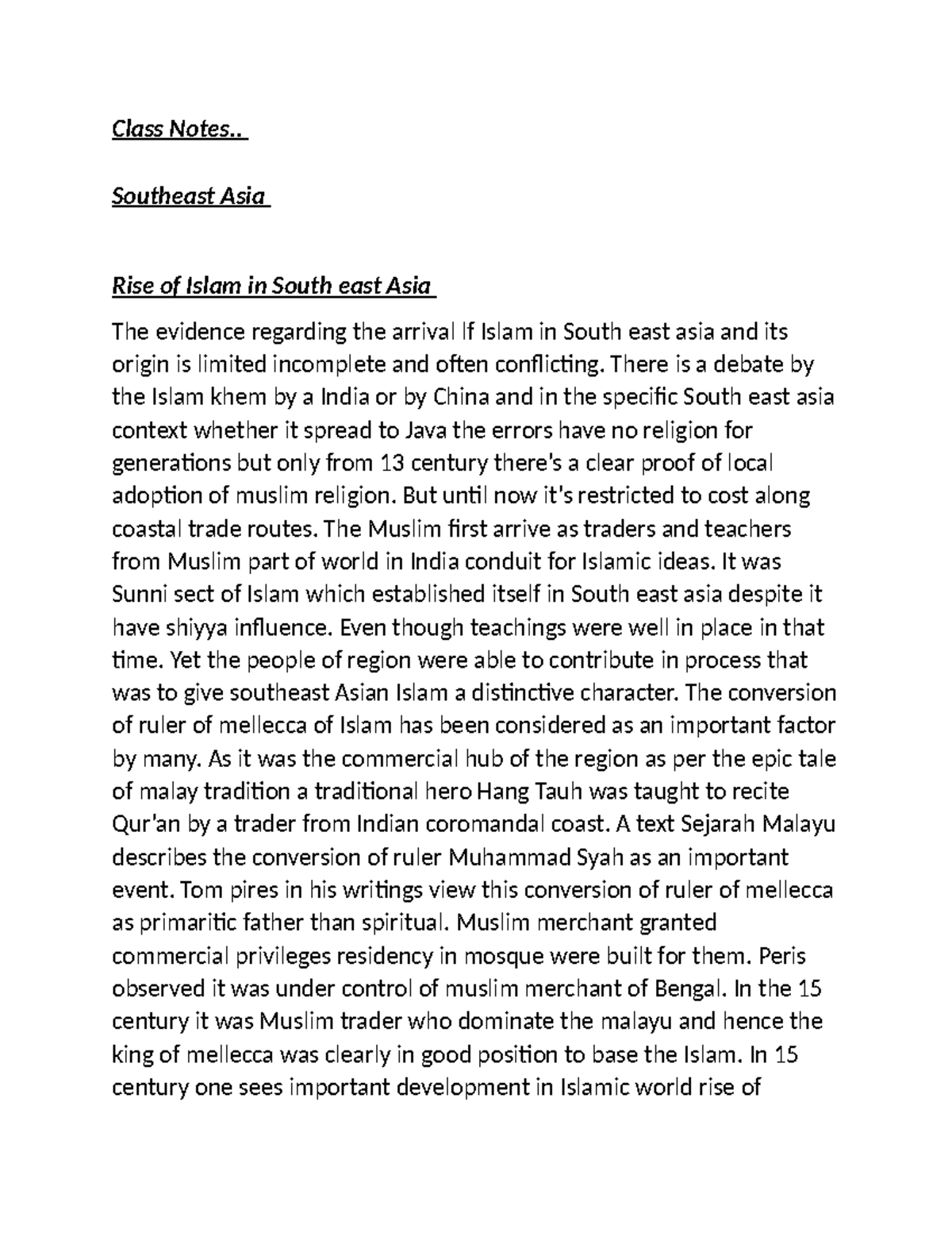 HIST 201 - Lecture Notes on the Rise of Islam in Southeast Asia - Studocu