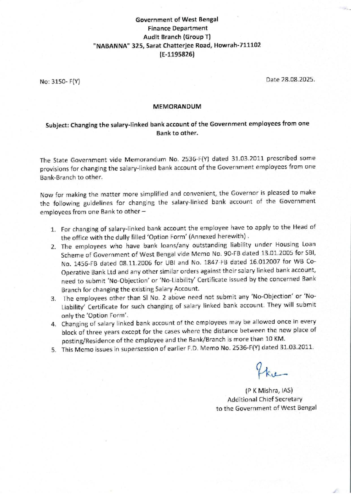 Guidelines for Changing Bank Accounts of WB Government Employees - 3150 ...