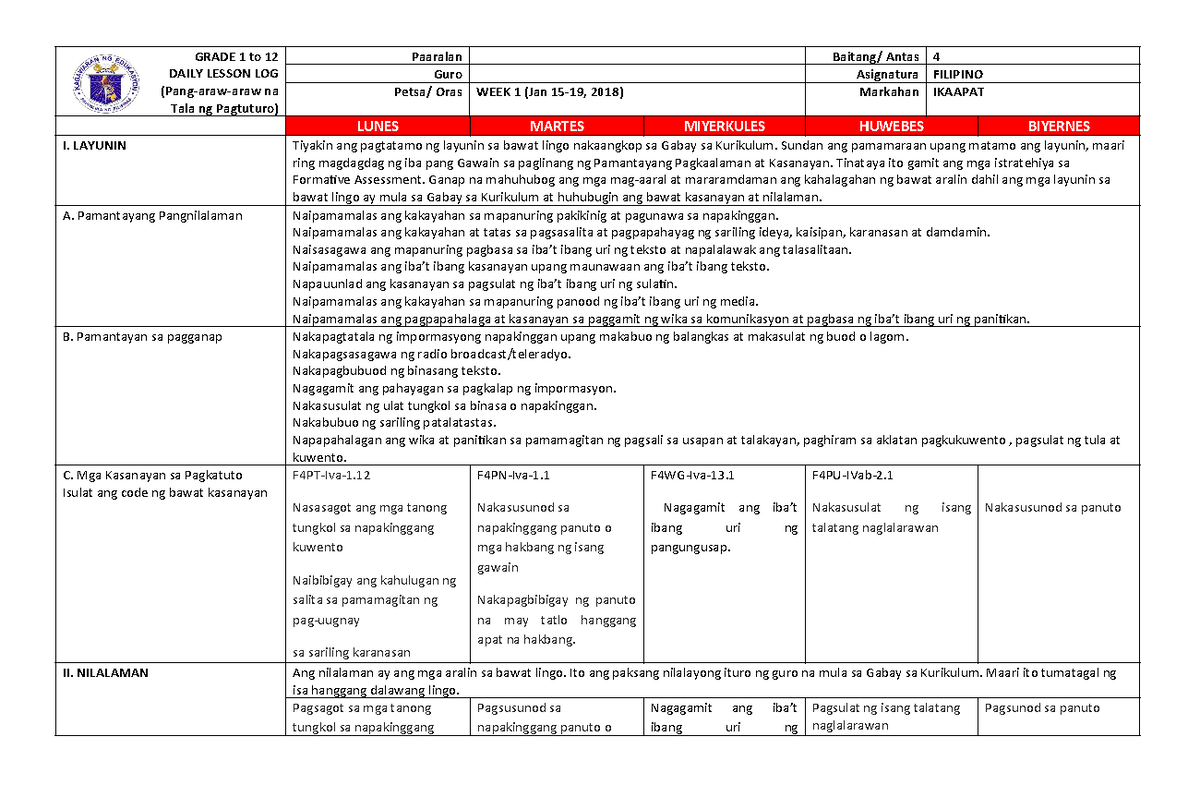 Daily Lesson Log for Grade 4 - FILIPINO (WEEK 1 & 2) - Studocu