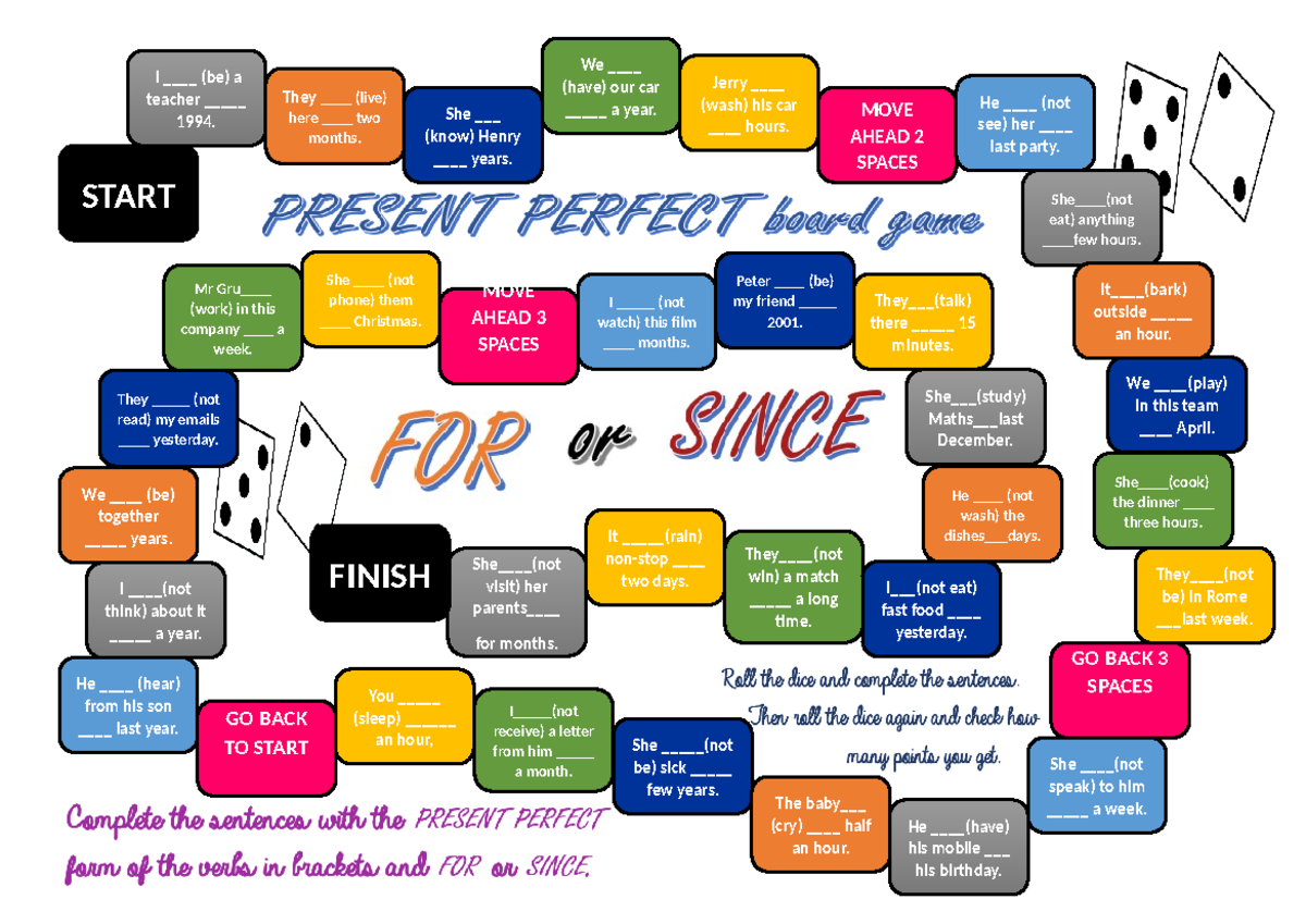 Present Perfect with For and Since: Board Game Activity 127325 - Studocu