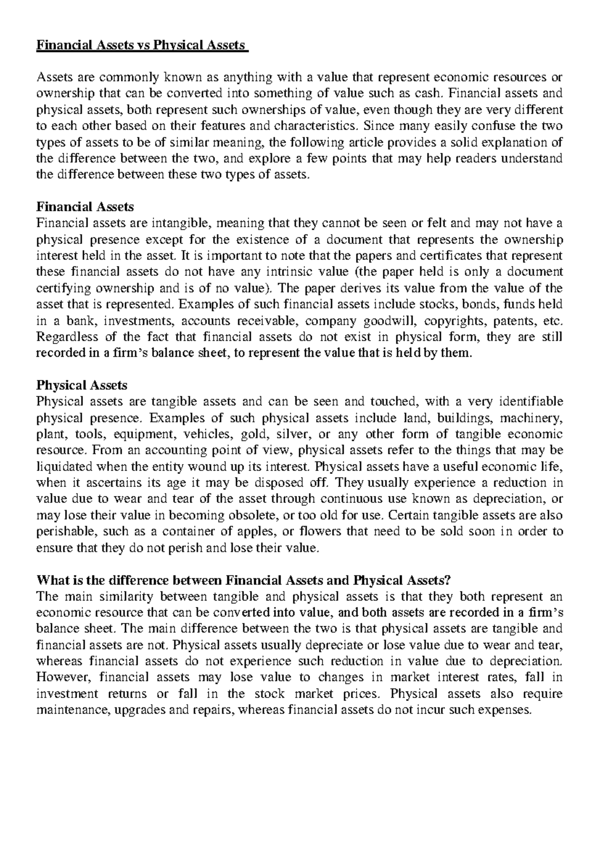 Financial Market Overview: Financial vs. Physical Assets and More - Studocu