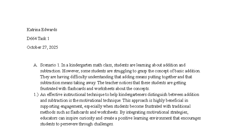 D664 Task 1: Effective Techniques for Teaching Addition/Subtraction ...