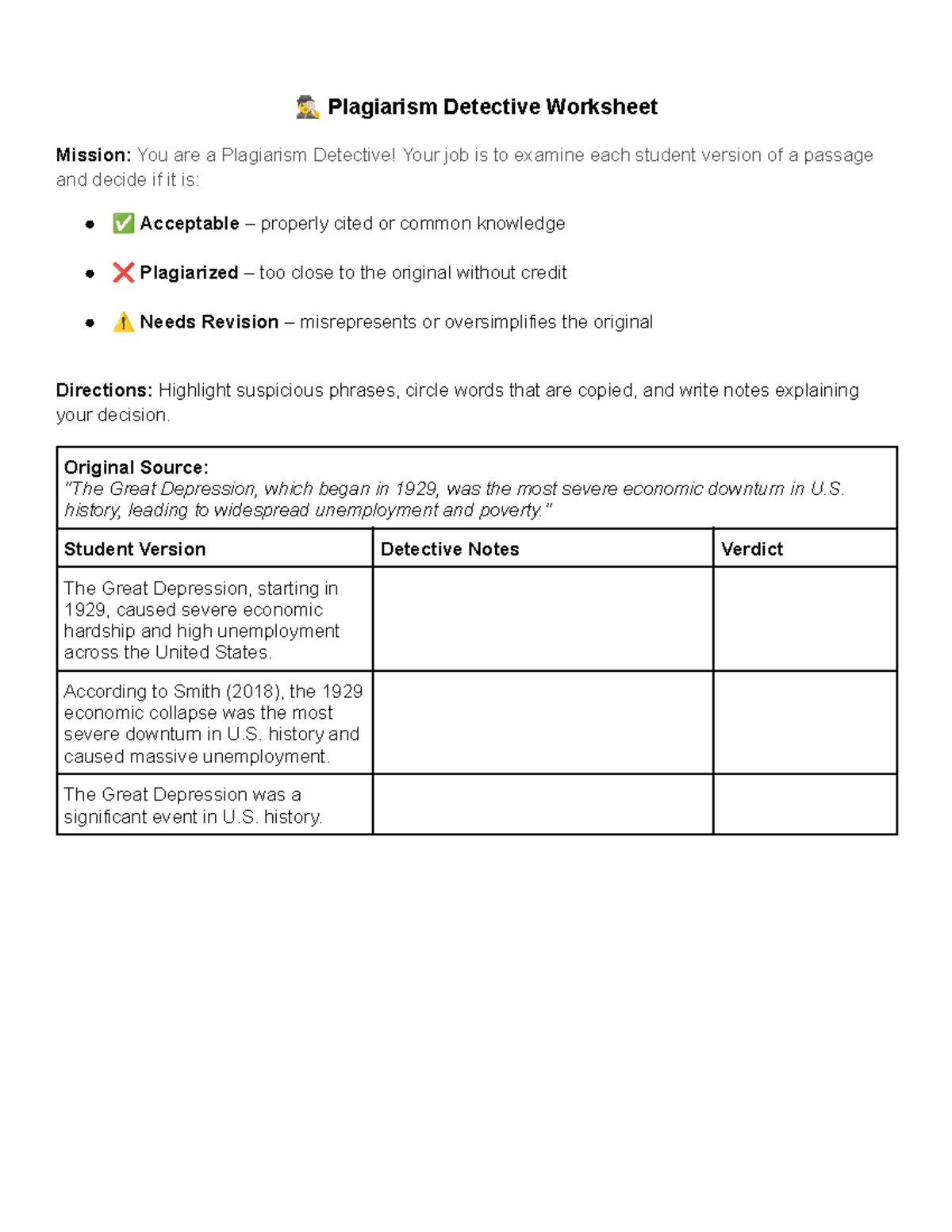 Plagiarism Detective Worksheet: Analyzing Student Versions - Studocu