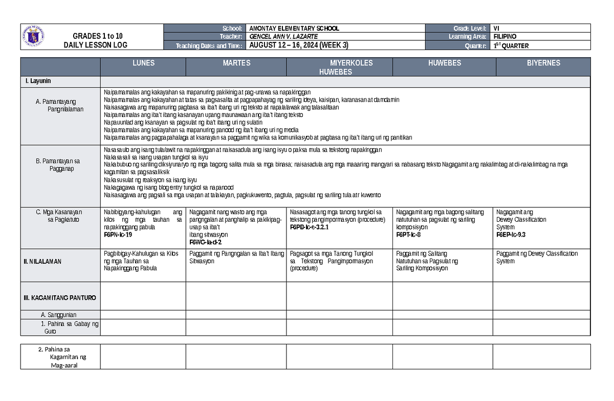 DLL Filipino 6 Q1 W3 - LESSON PLAN - GRADES 1 to 10 DAILY LESSON LOG School: AMONTAY ELEMENTARY ...