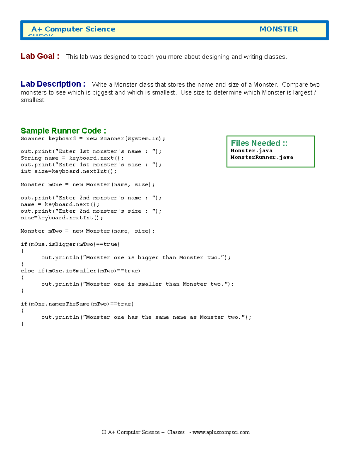 Java A+ Class Assignment: Monster Lab Instructions and Example - Studocu