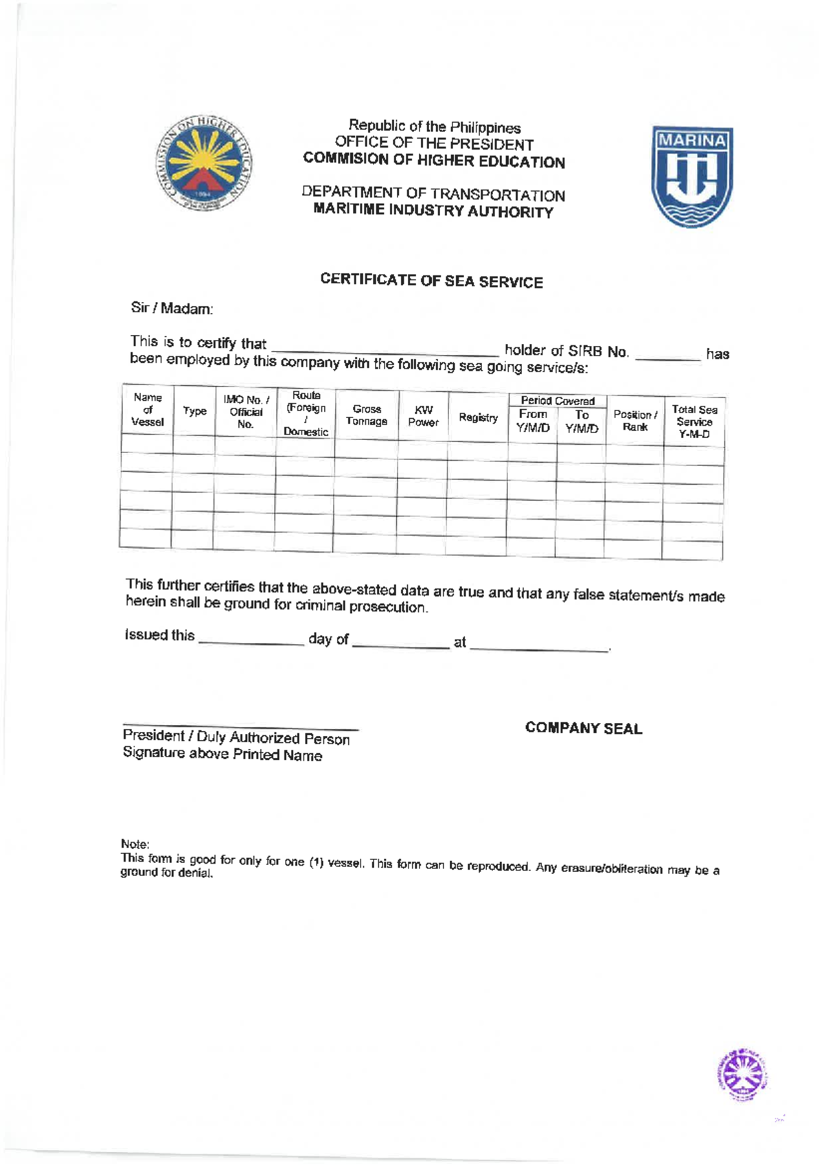 JCMMC-01 Annex H7 - Certificate of Sea Service Guidelines and Format ...
