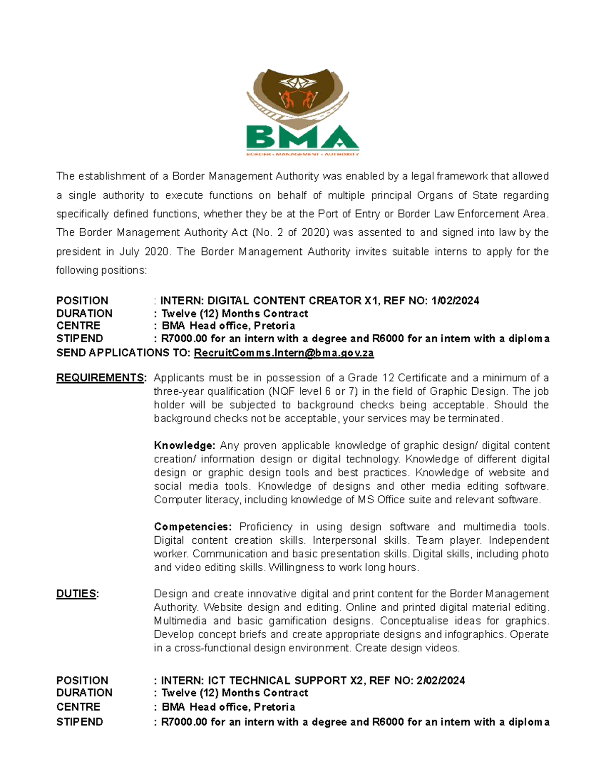 Internship Opportunities at Border Management Authority (BMA) - 2023 ...