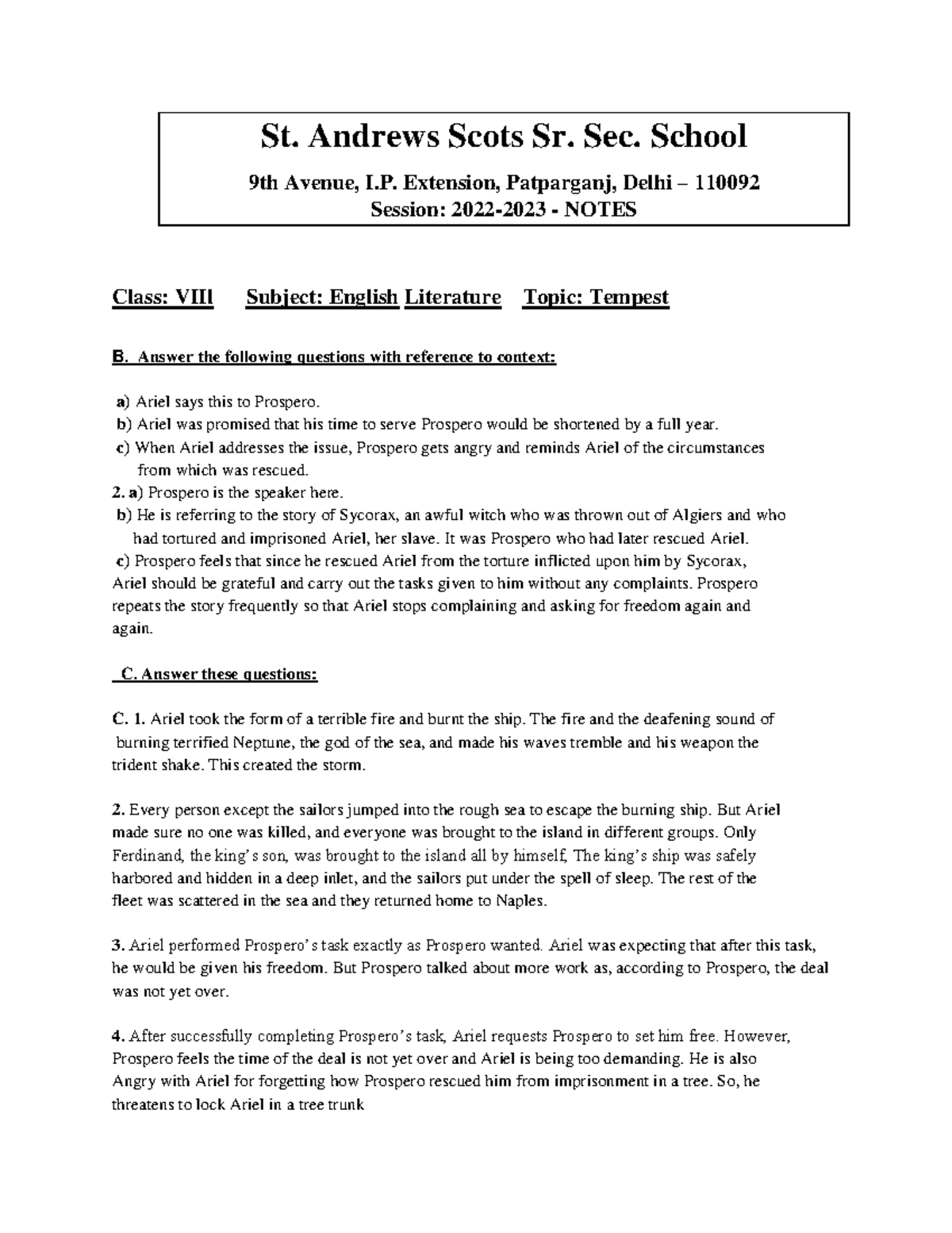 English Literature Tempest Notes (Class VIII) - Contextual Q&A - Studocu