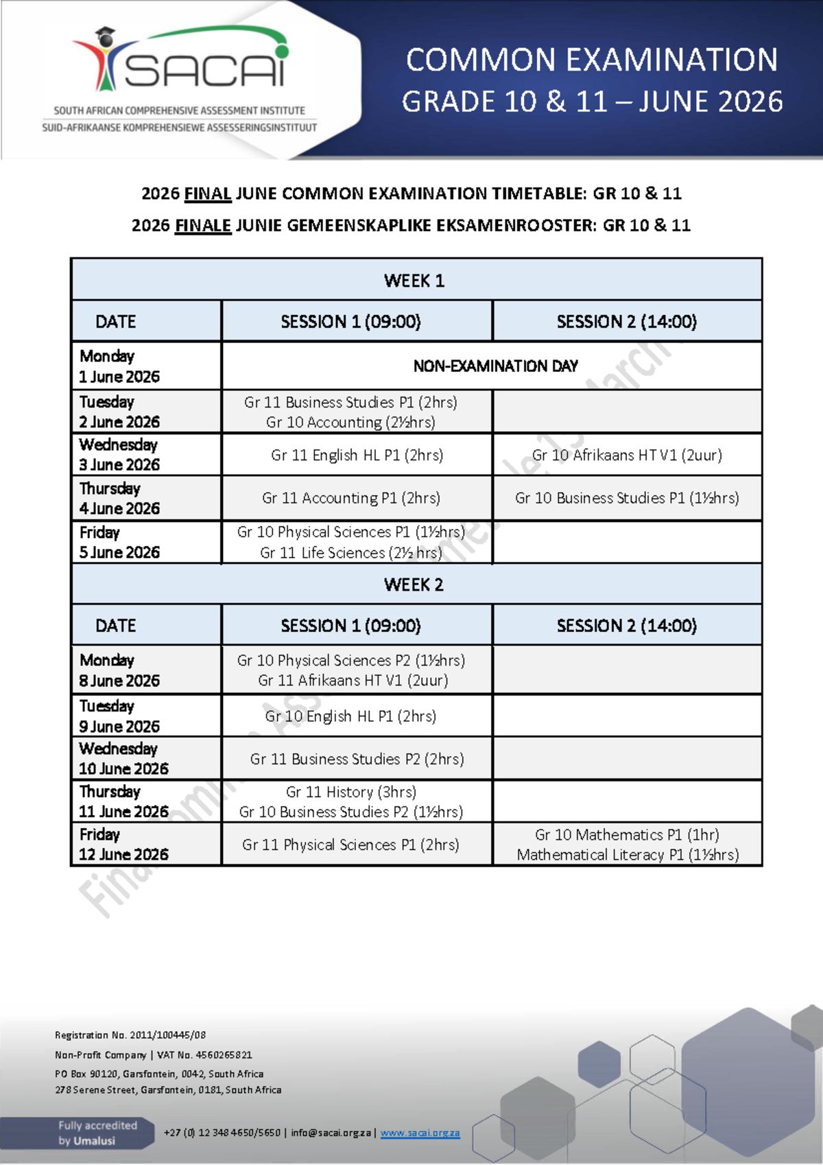 Grade 10 & 11 Final Exam Timetable: June 2026 Common Exams - Studocu