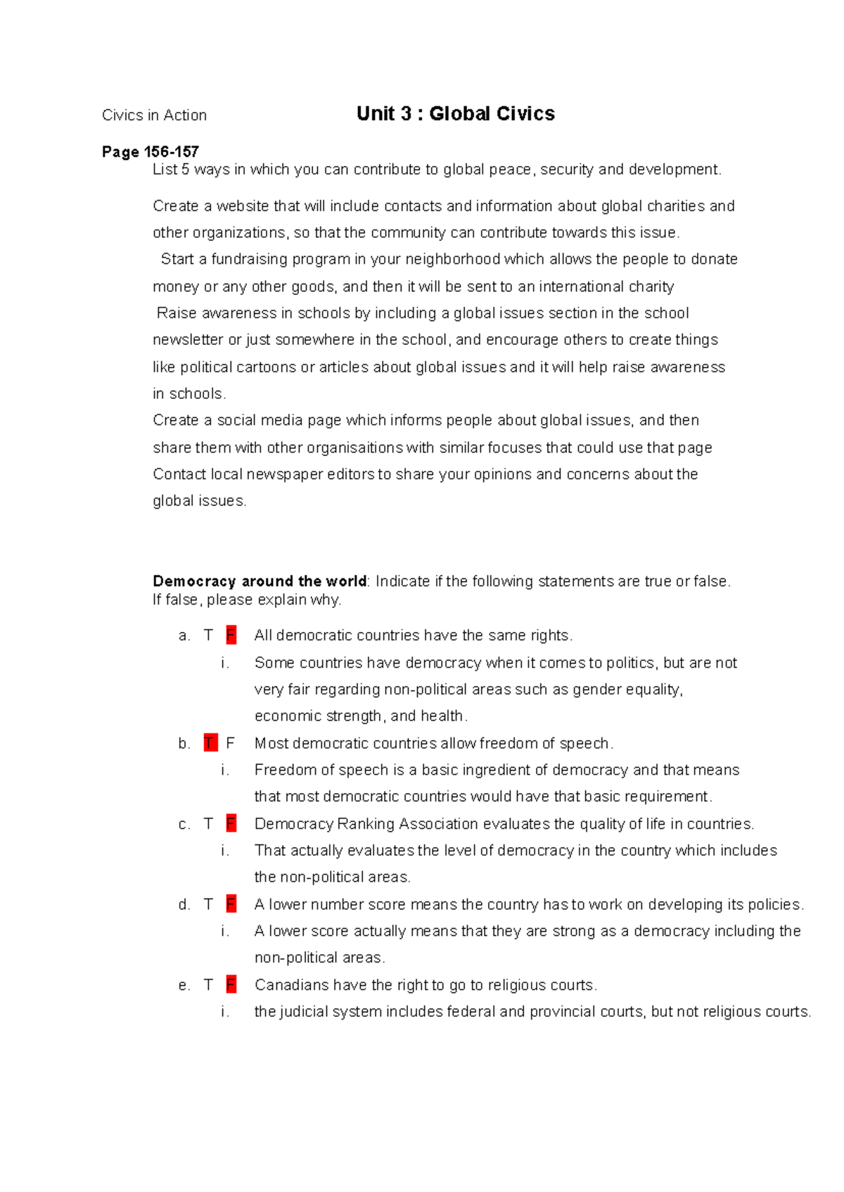 Civics in Action Unit 3: Global Issues & Human Rights Worksheets - Studocu
