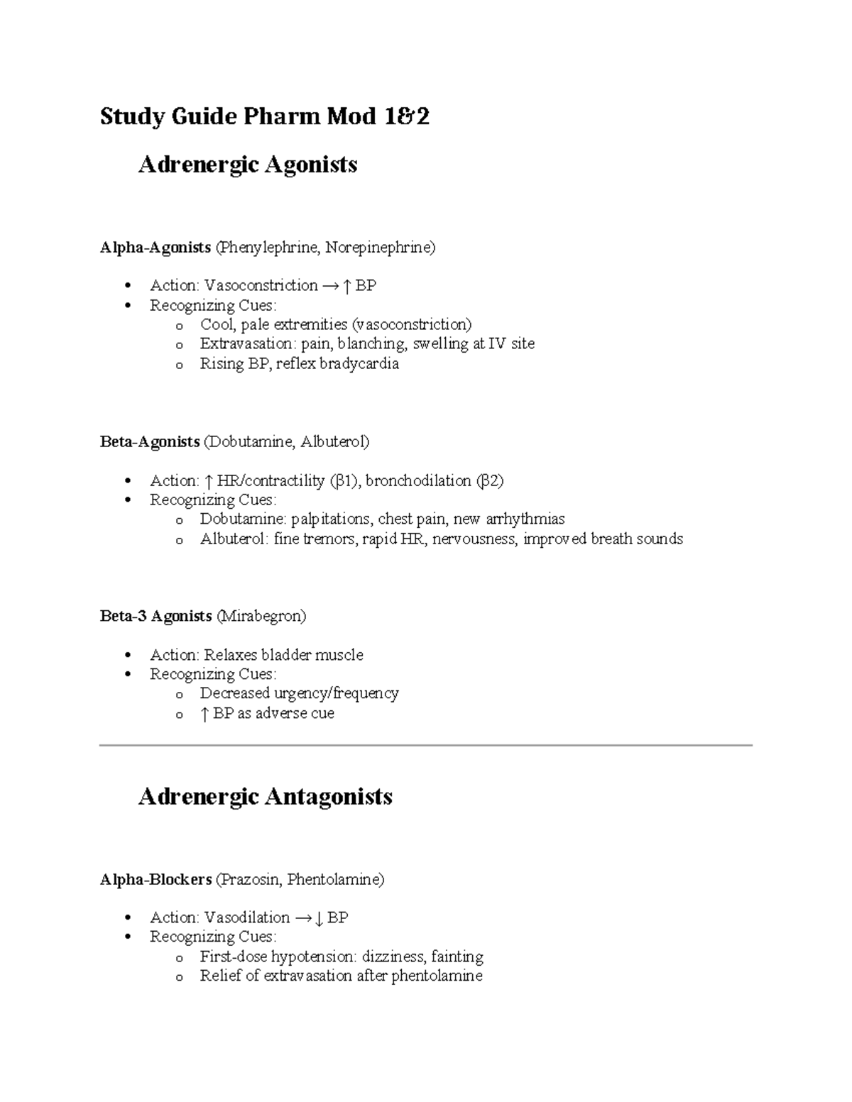Pharm 2 Study Guide: Adrenergic & Cholinergic Drug Actions and Cues ...