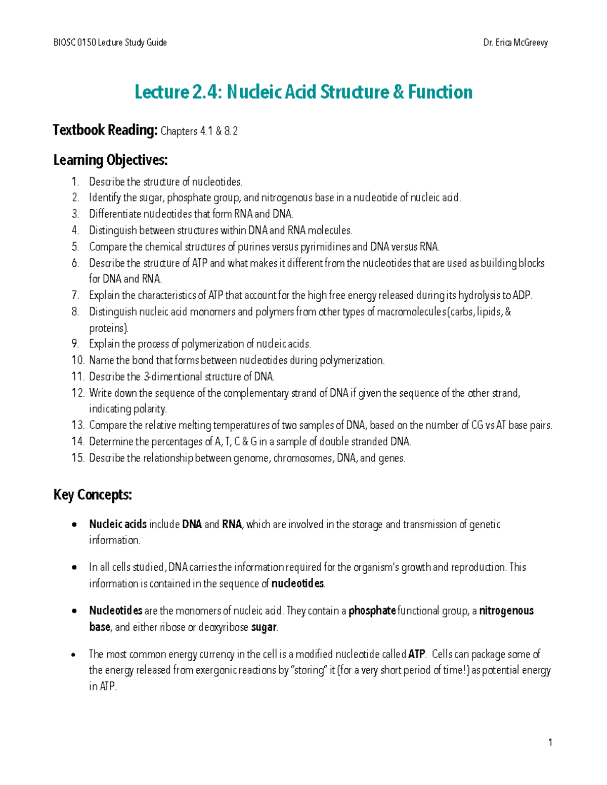 BIOSC 0150 Lecture Study Guide: Nucleic Acid Structure & Function ...