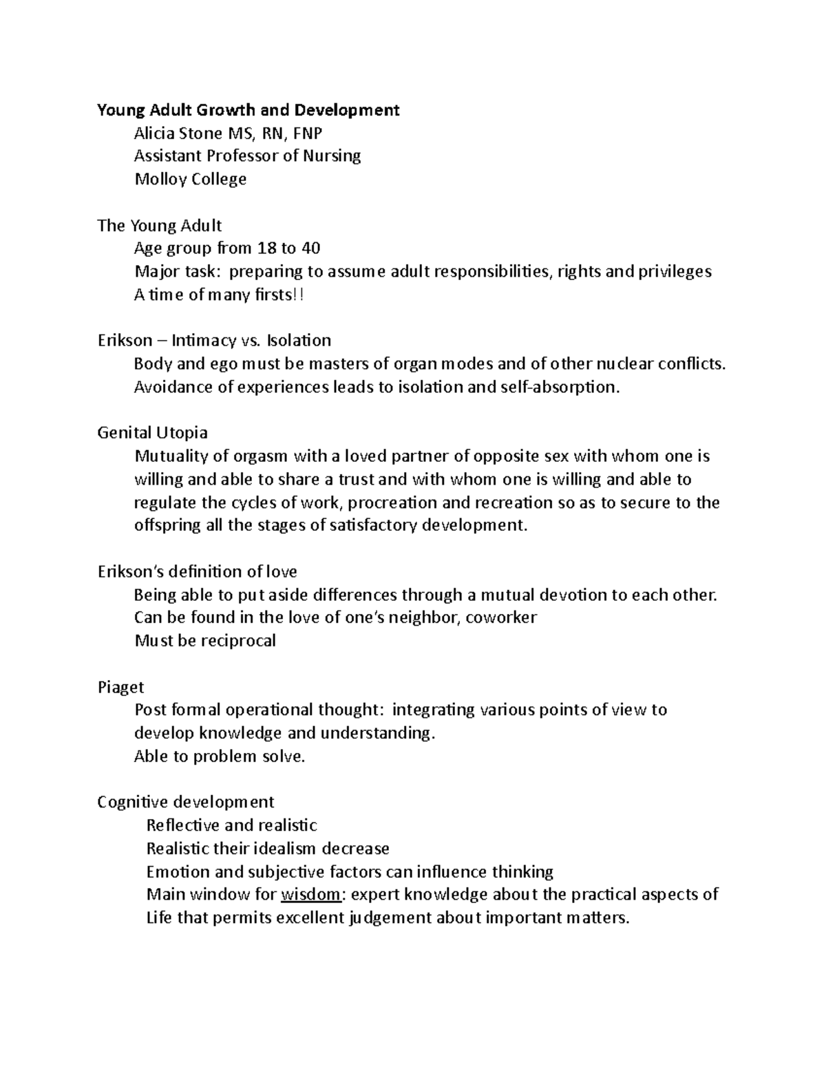 Young Adult Outline - Young Adult Growth and Development Alicia Stone ...