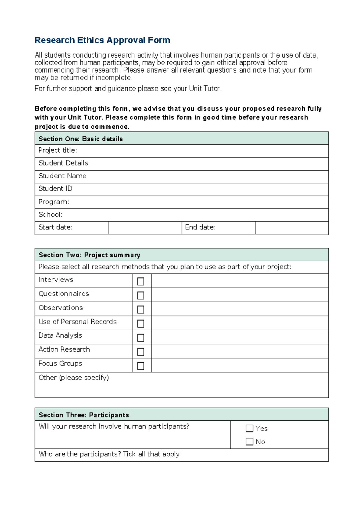 Research Ethics Approval Form for Human Participant Studies - Studeersnel