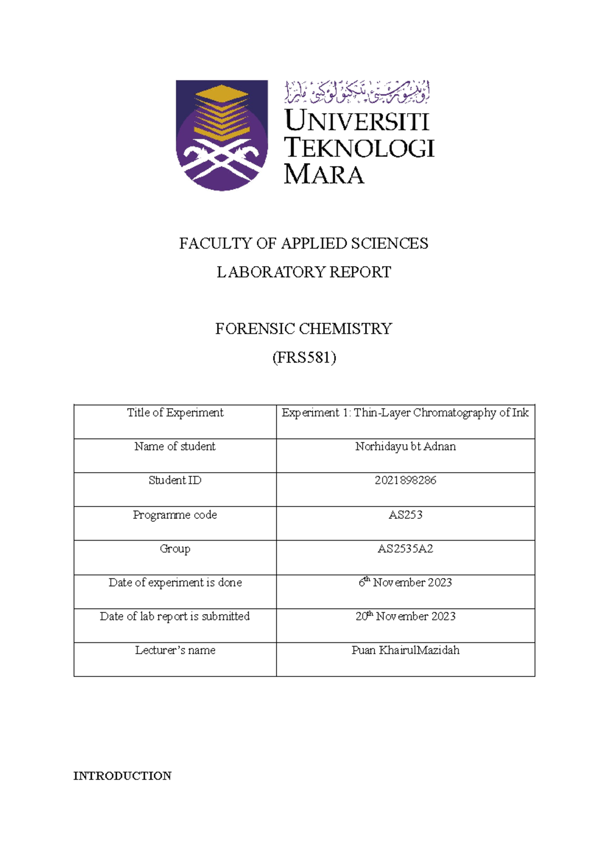 Forensic Chemistry Lab Report: TLC Analysis of Ink (FRS581) - Studocu