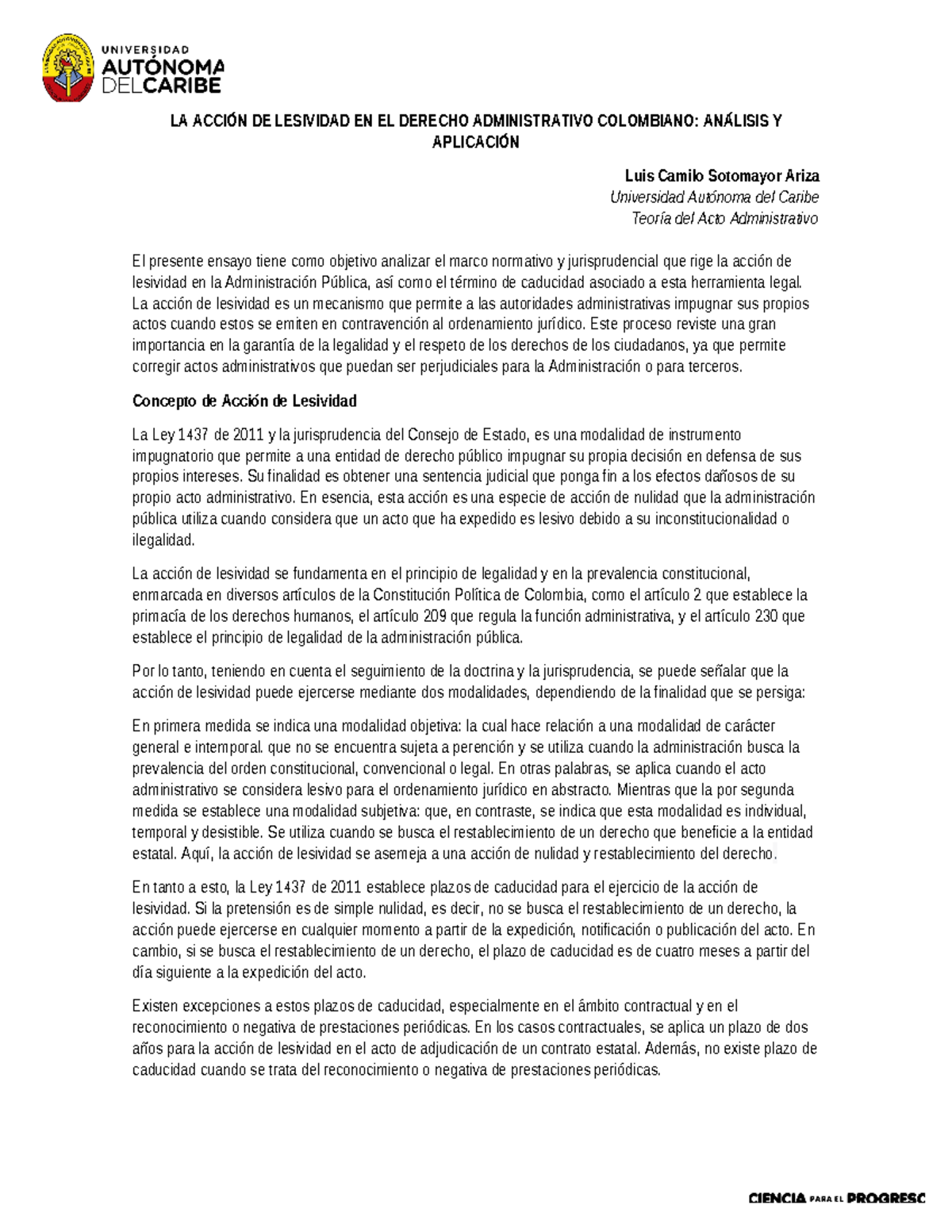 LA ACCIÓN DE LESIVIDAD EN DERECHO ADMINISTRATIVO COLOMBIANO - Studocu
