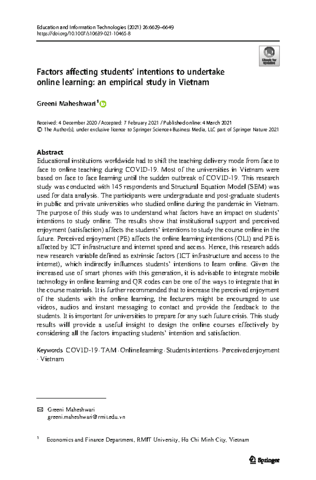 "Factors Influencing Students' Online Learning Intentions during COVID ...