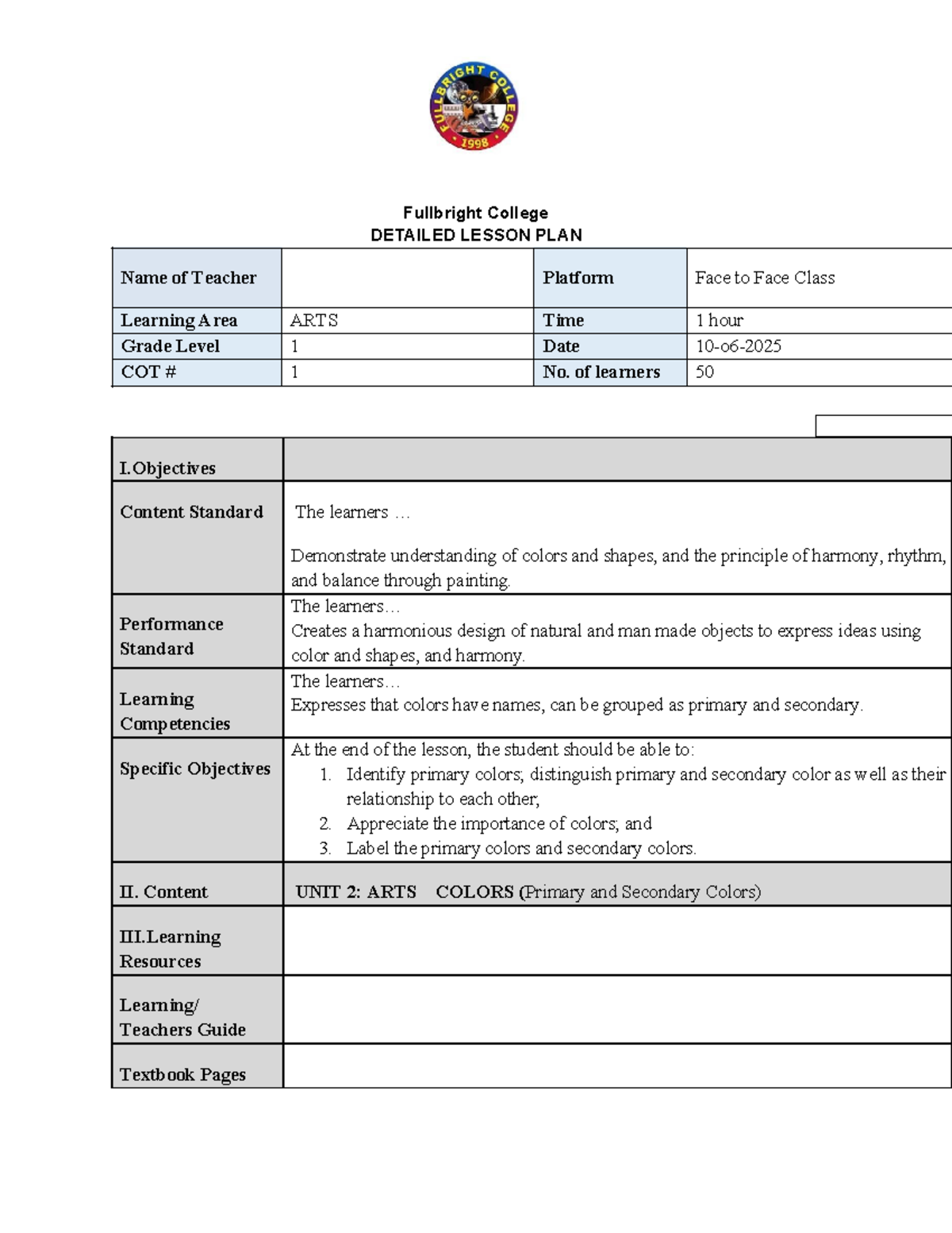 Peduc-DLP-Template: Detailed Lesson Plan on Primary & Secondary Colors ...