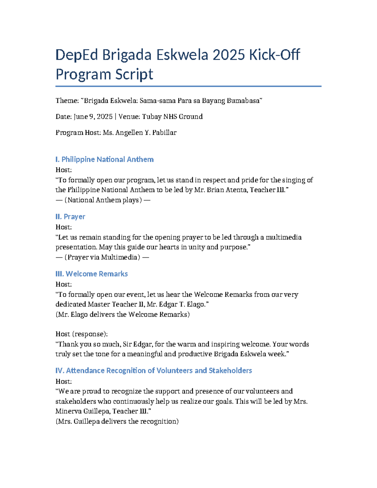 Brigada Eskwela 2025 Kickoff Program Script: Eskwela Para sa Bayang - Studocu