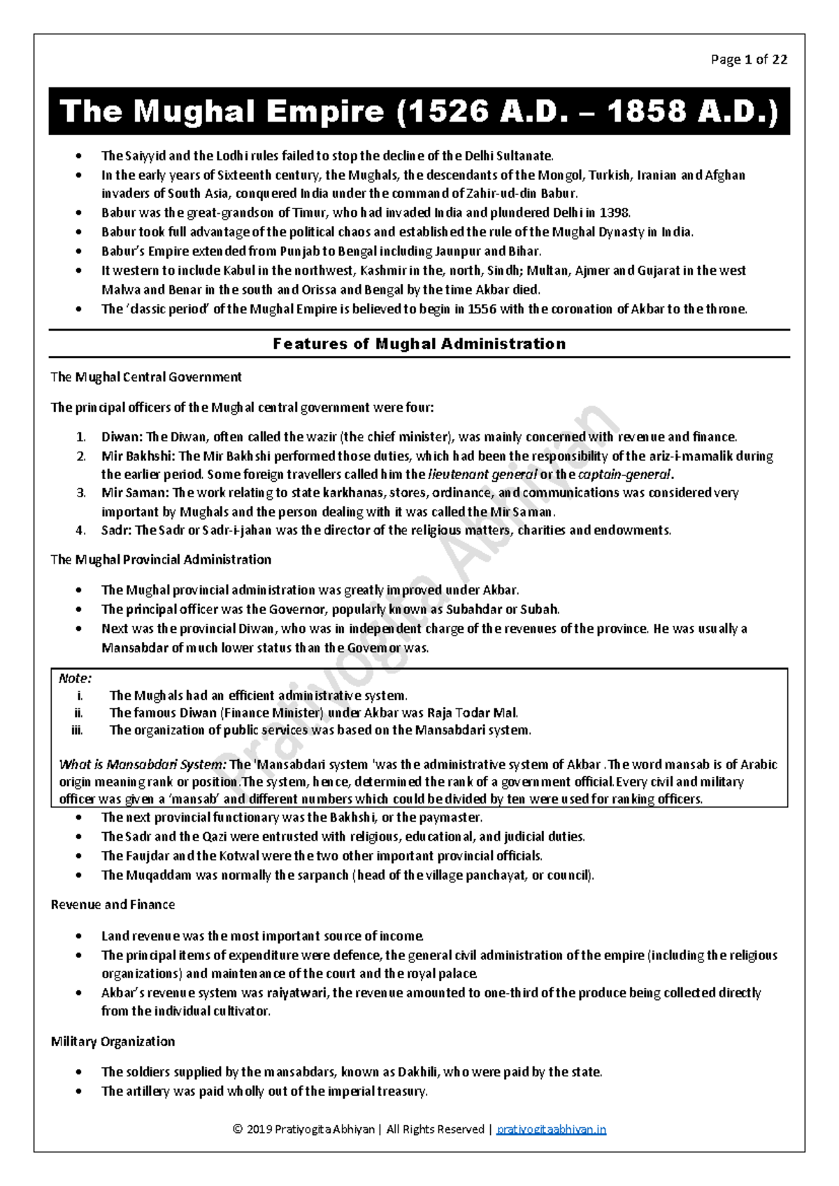 The Mughal Empire Notes MCQ PDF pratiyogitaabhiyan - The Mughal Empire ...