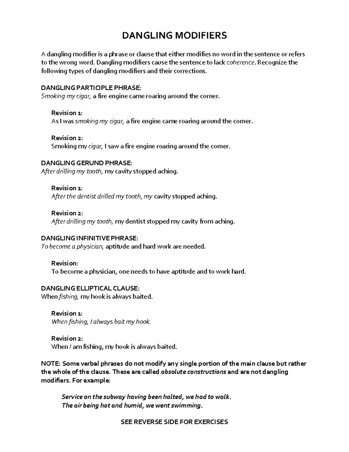 ENG 101 - Final Exam: Understanding and Correcting Dangling Modifiers ...