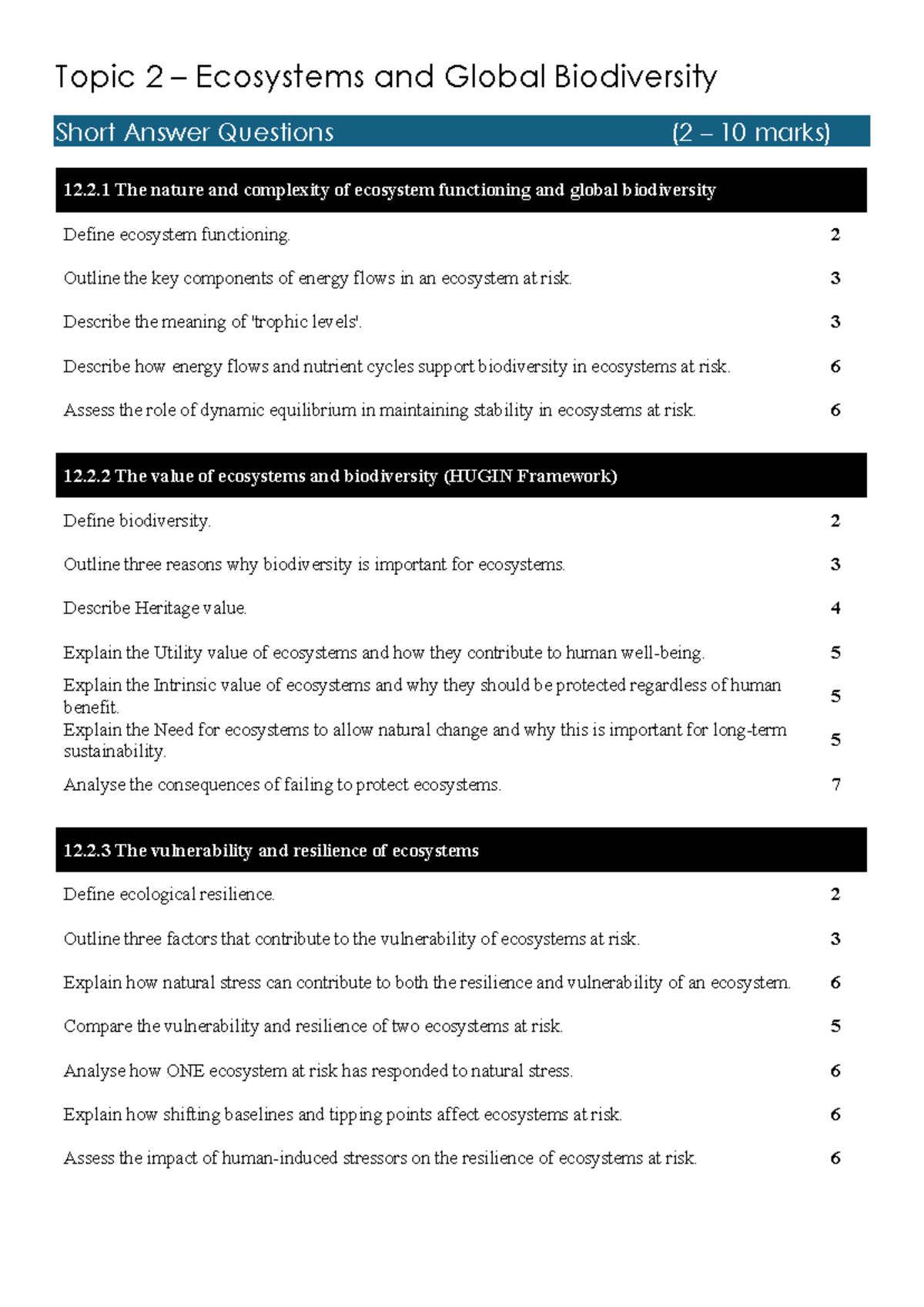 Unit 2 – Ecosystems and Global Biodiversity - Practice Questions ...