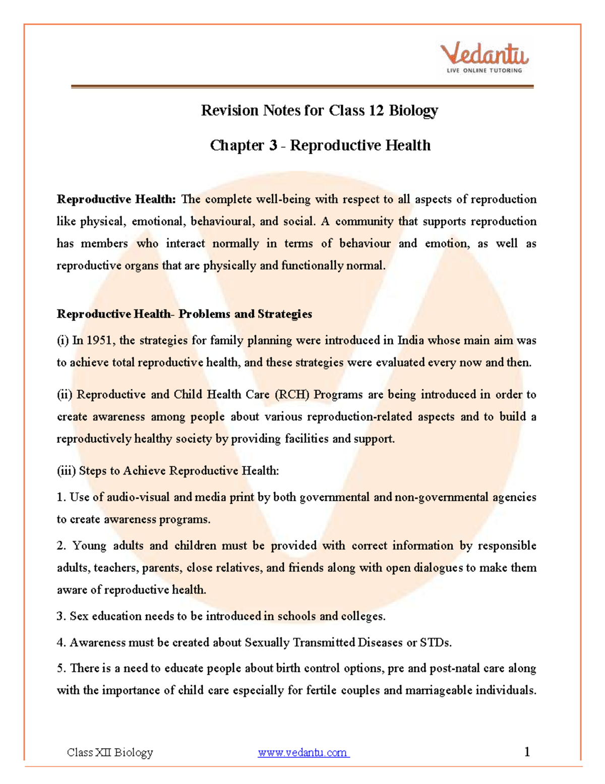Class 12 Biology Revision Notes: Chapter 3 - Reproductive Health - Studocu
