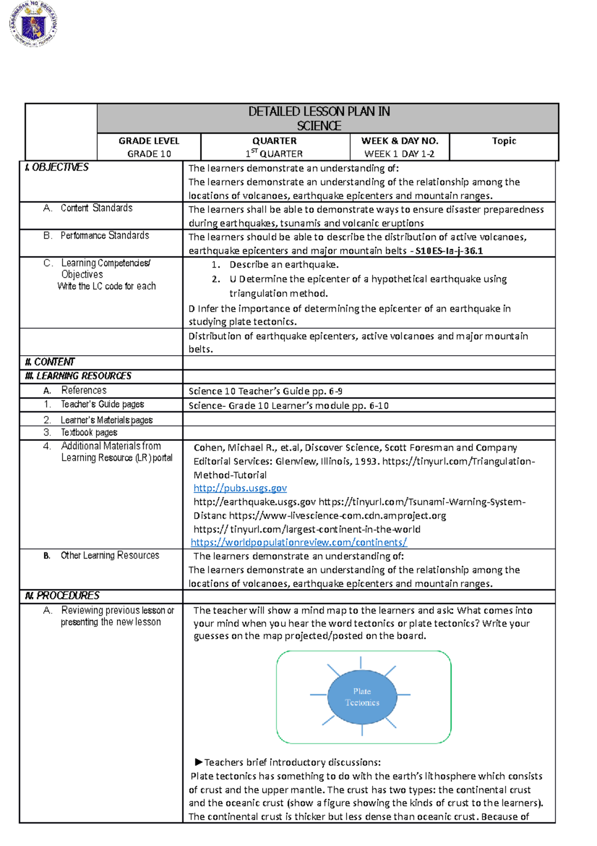 Grade 10 Science Lesson Plan: Understanding Earthquakes & Tectonics ...