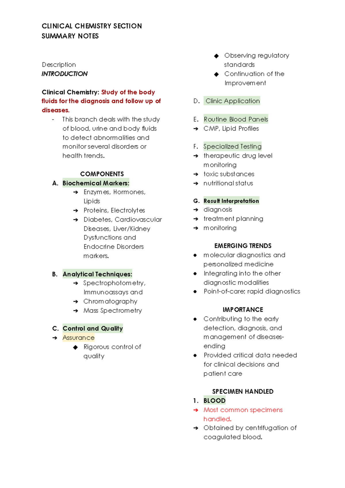 Group 6 Clinical Chemistry Summary Notes - SUMMARY NOTES Description ...