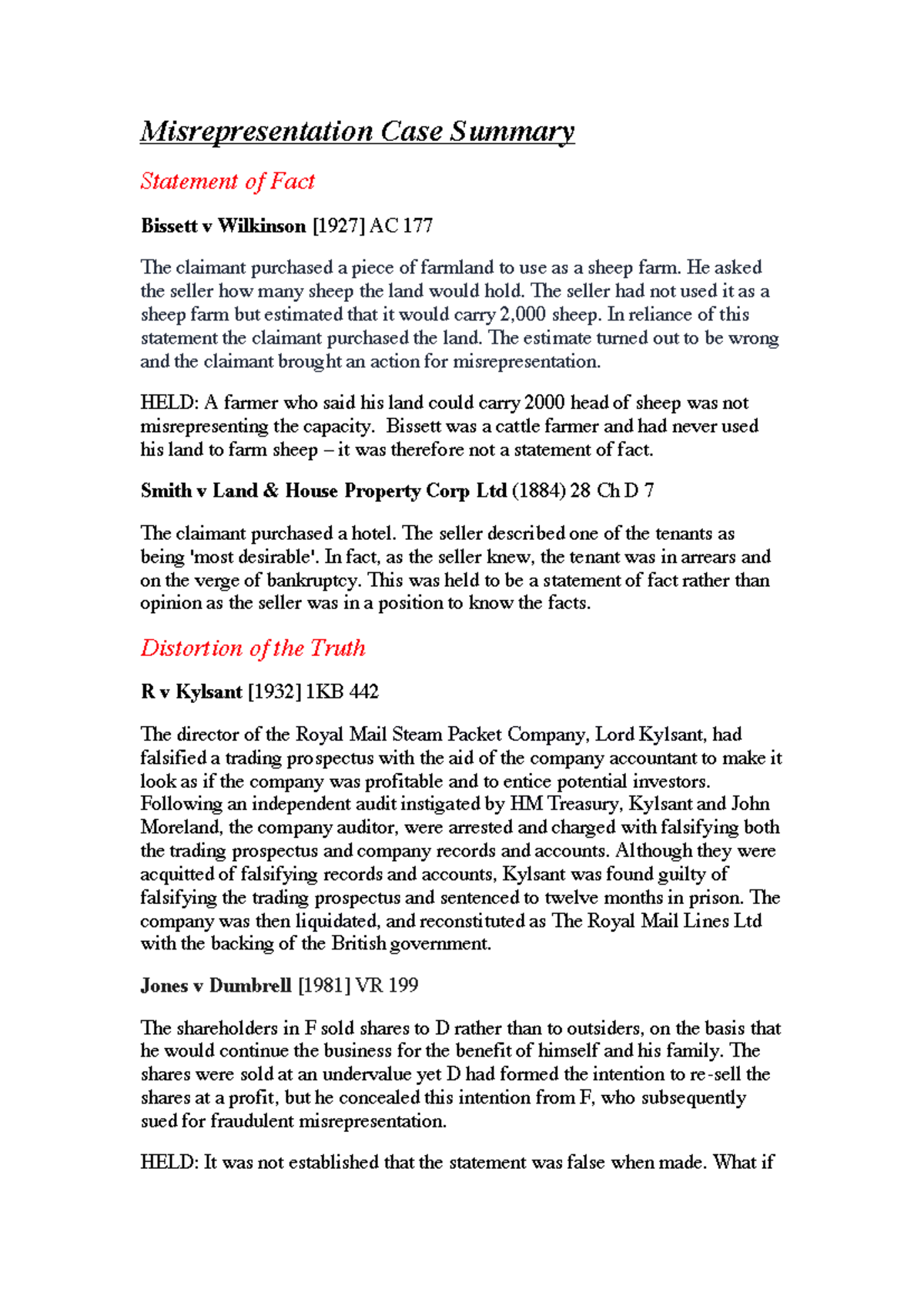 Law of Misrepresentation - Bissett v Wilkinson Case Summary - Studocu
