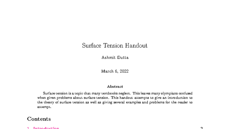 Surface Tension Handout ST 101 - Phys Olympiad Notes - Studocu