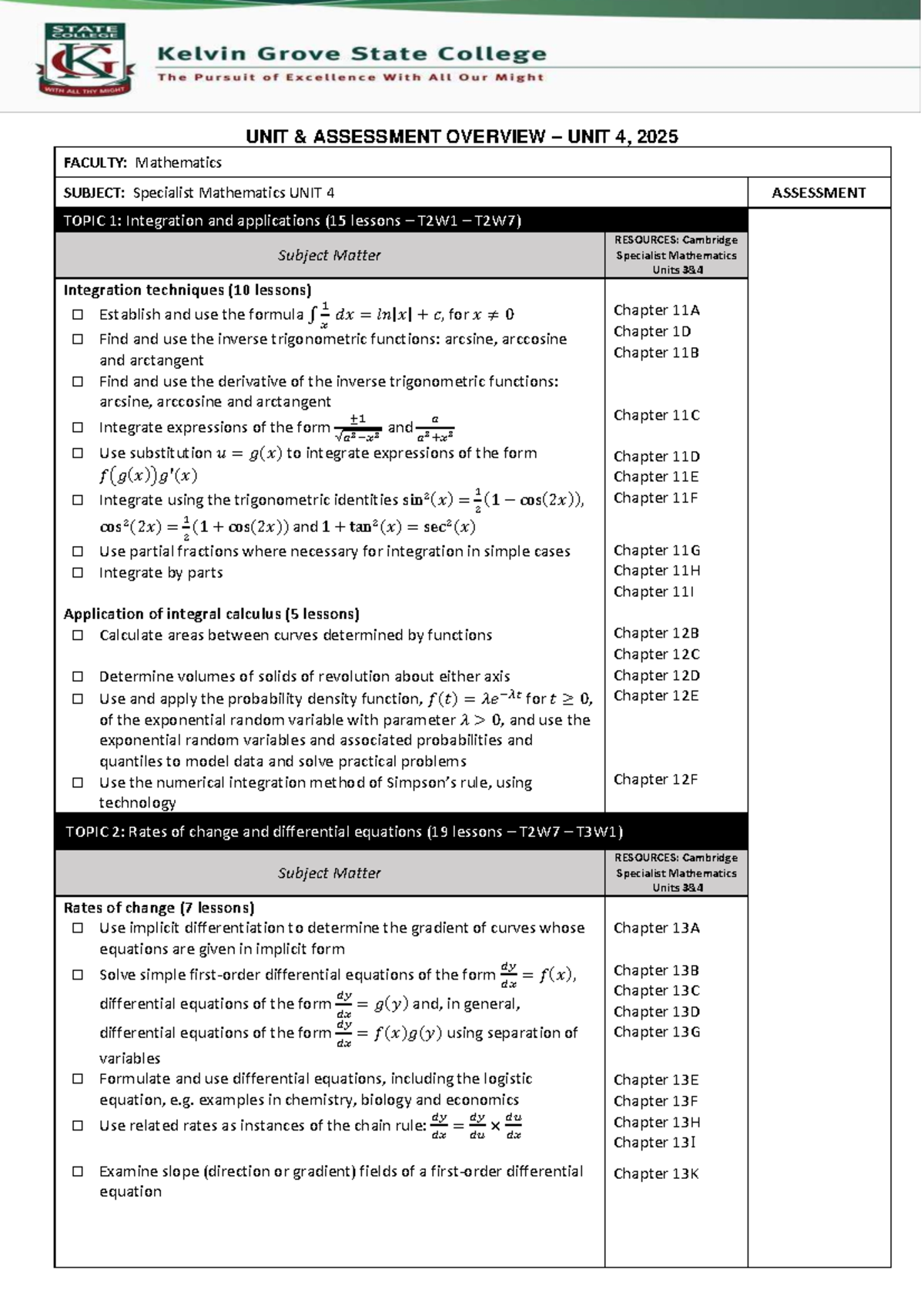 Specialist Mathematics Unit 4 Assessment Overview 2025 - Studocu