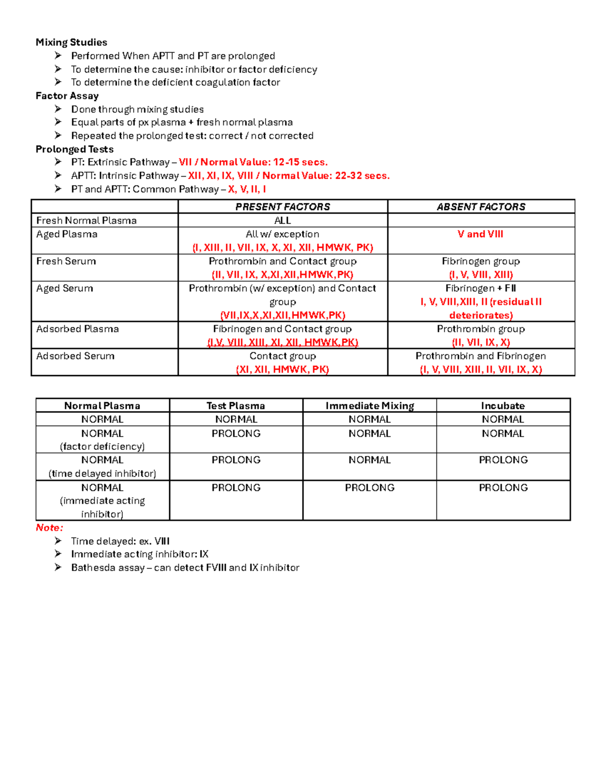 Mixing Studies for APTT and PT Prolongation: Inhibitor vs Deficiency ...