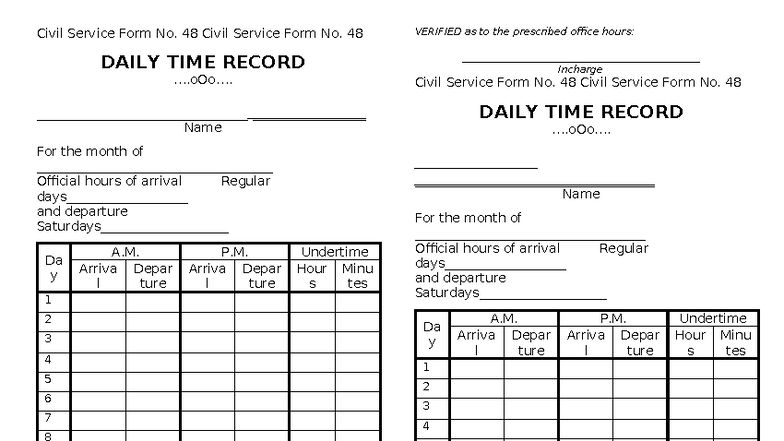 Civil Service Form No. 48: Daily Time Record (DTR) - Studocu