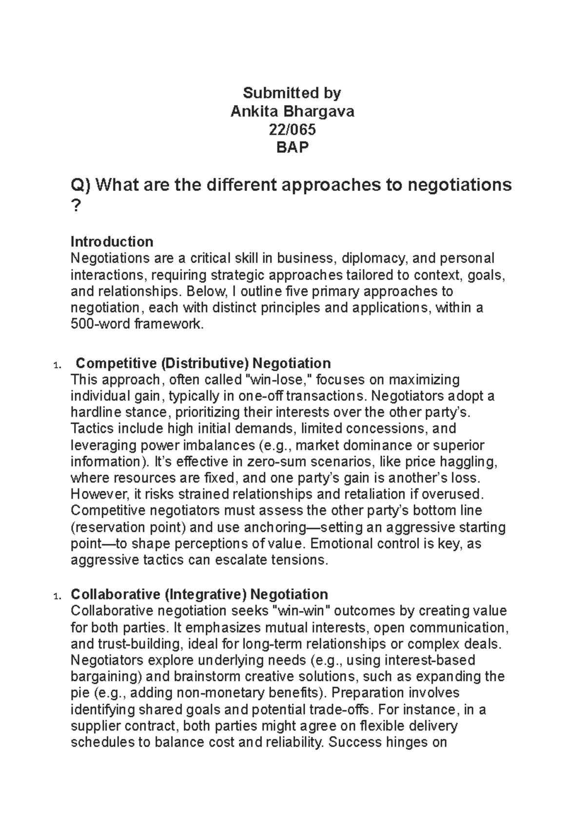 BAP Negotiation Approaches: Competitive, Collaborative, and Compromising - Studocu