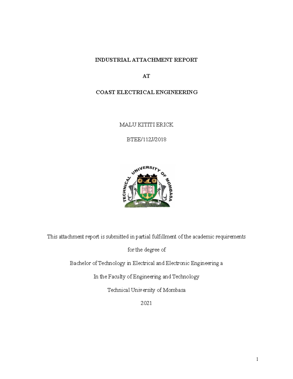Undergraduate Attachment Report - Template 1 2020 - INDUSTRIAL ...