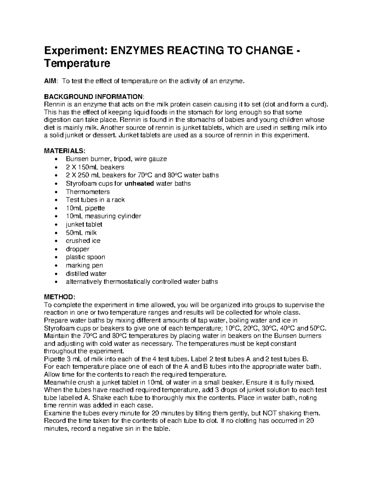 Experiment: ENZYMES REACTING TO Temperature Changes - Effects on Rennin ...
