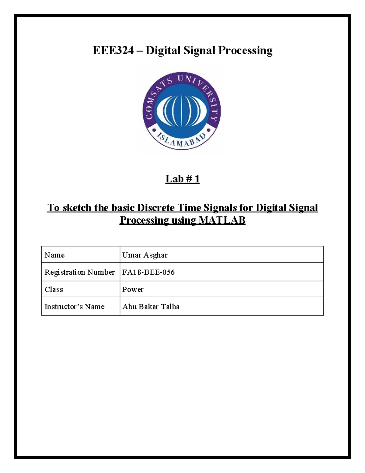 Digital Signal Processing Lab 1: Discrete Time Signals in MATLAB - Studocu