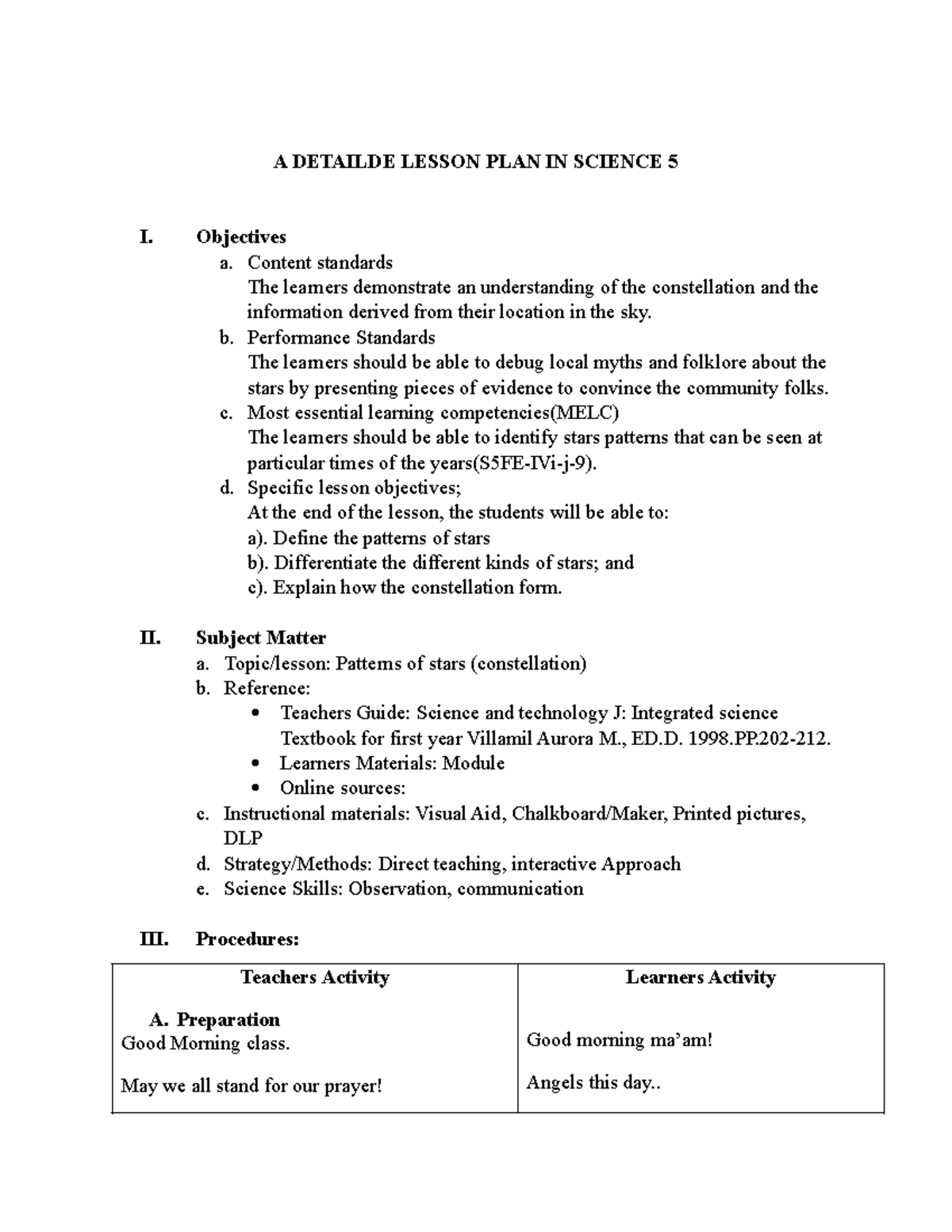 Detailed Lesson Plan: Patterns of Stars in Science 5 (S5FE-IVi-j-9 ...