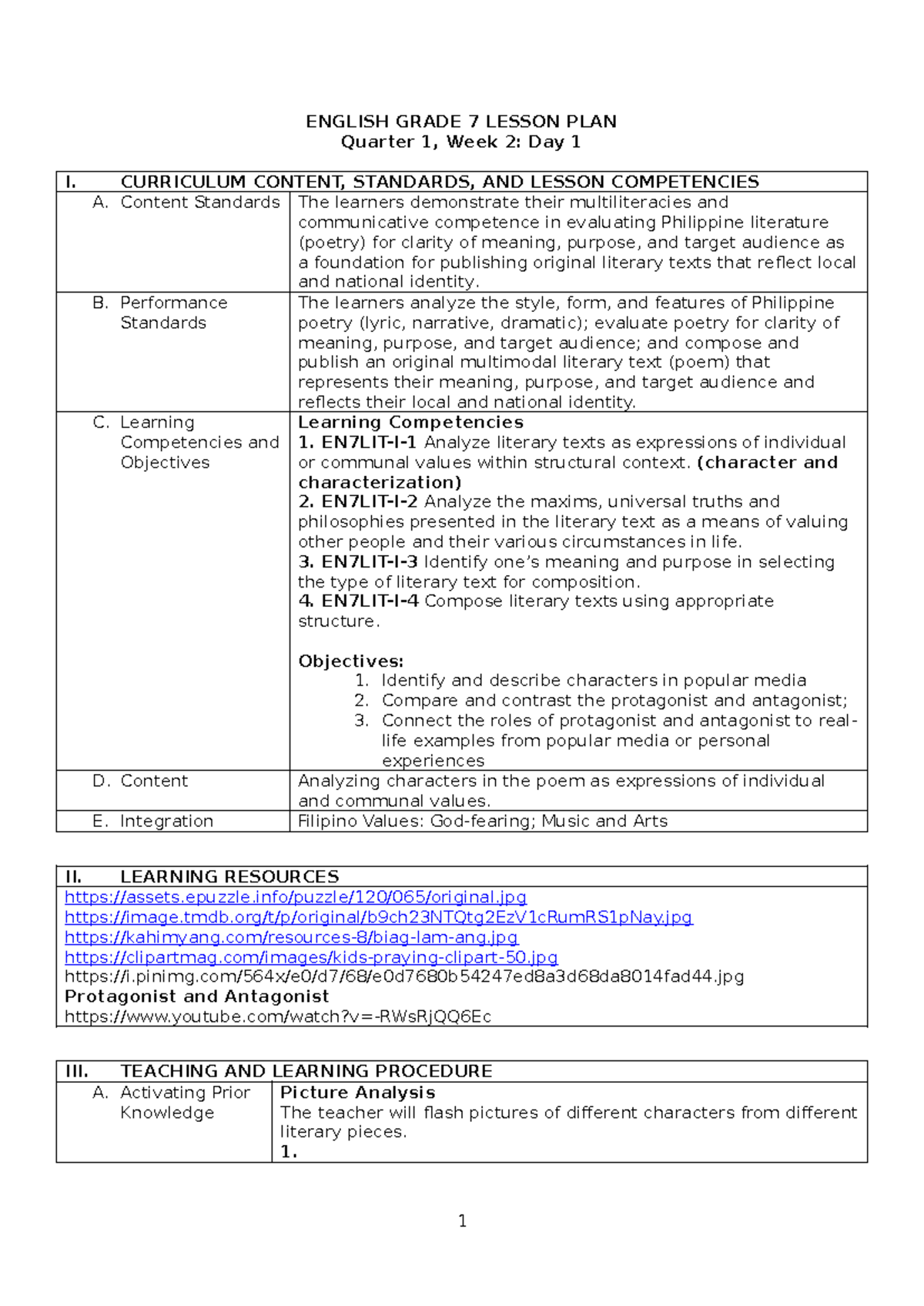 English Grade 7 Lesson Plan Q1 W2 D1 Analyzing Protagonists